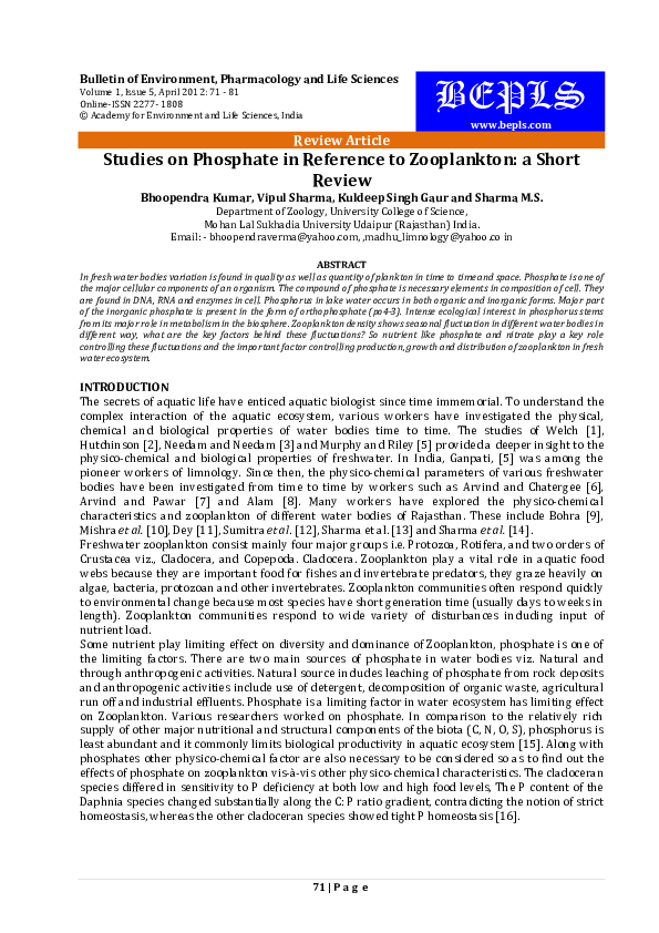 (PDF) Studies of phosphate in reference to zooplankton: A Short Review