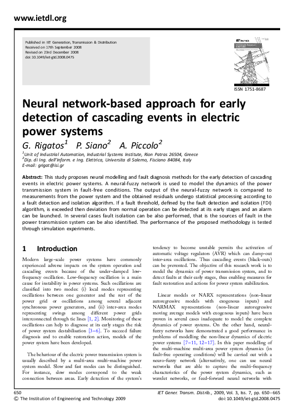 (PDF) Neural network-based approach for early detection of cascading events in electric power ...