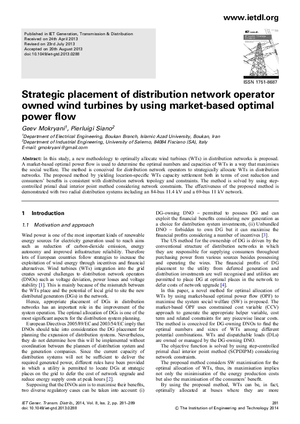 (PDF) Strategic placement of distribution network operator owned wind turbines by using market ...