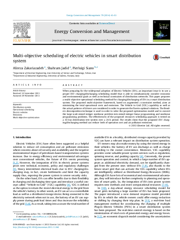 (PDF) Multi-objective scheduling of electric vehicles in smart distribution system