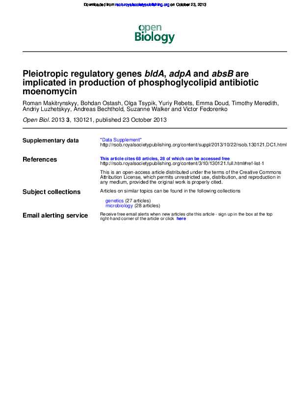 (PDF) Pleiotropic regulatory genes bldA, adpA and absB are implicated ...