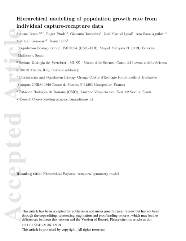 Pdf Hierarchical Modelling Of Population Growth Rate From Individual Capture Recapture Data