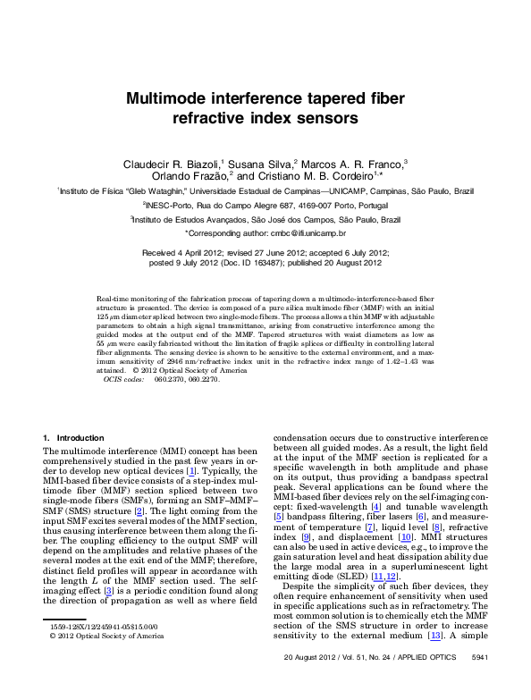 (PDF) Multimode interference tapered fiber refractive index sensors
