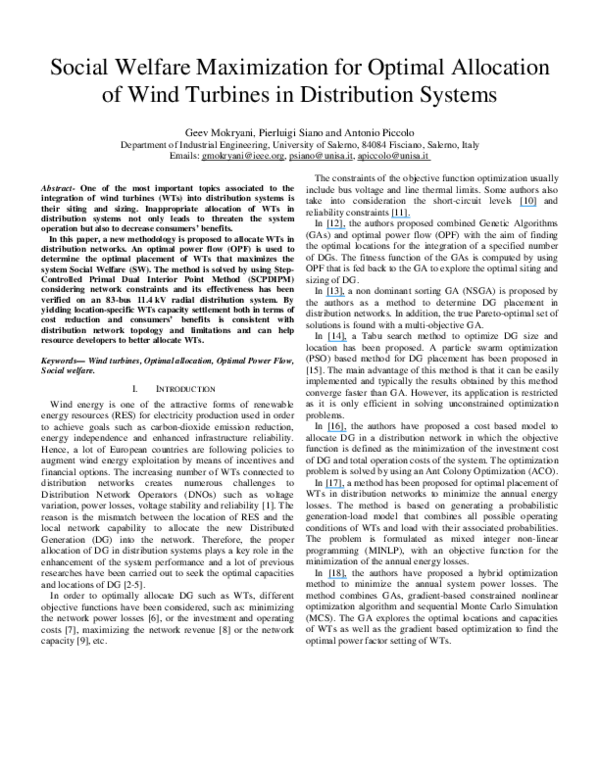 Pdf Social Welfare Maximization For Optimal Allocation Of Wind Turbines In Distribution Systems