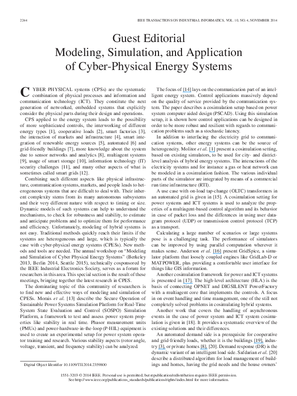 Pdf Guest Editorial Modeling Simulation And Application Of Cyber Physical Energy Systems