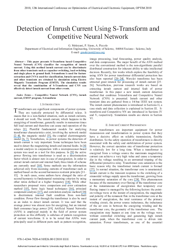 (PDF) Detection of inrush current using S-transform and competitive neural network