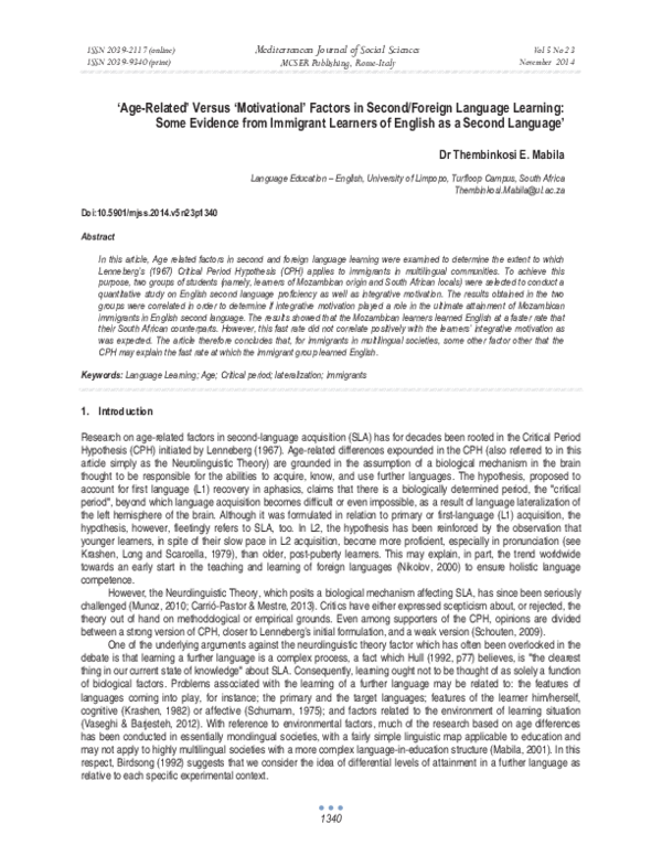 (PDF) ‘Age-Related’ Versus ‘Motivational’ Factors in Second/Foreign Language Learning: Some ...