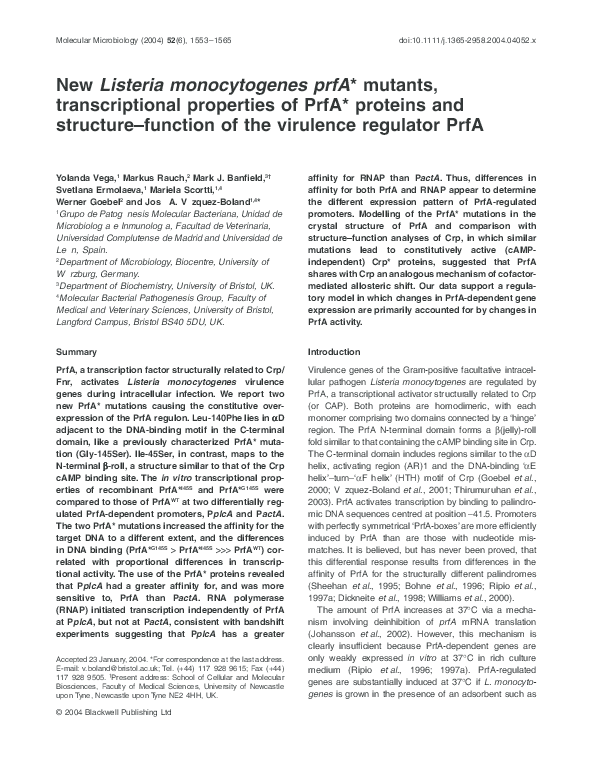 (PDF) New Listeria monocytogenes prfA* mutants, transcriptional ...