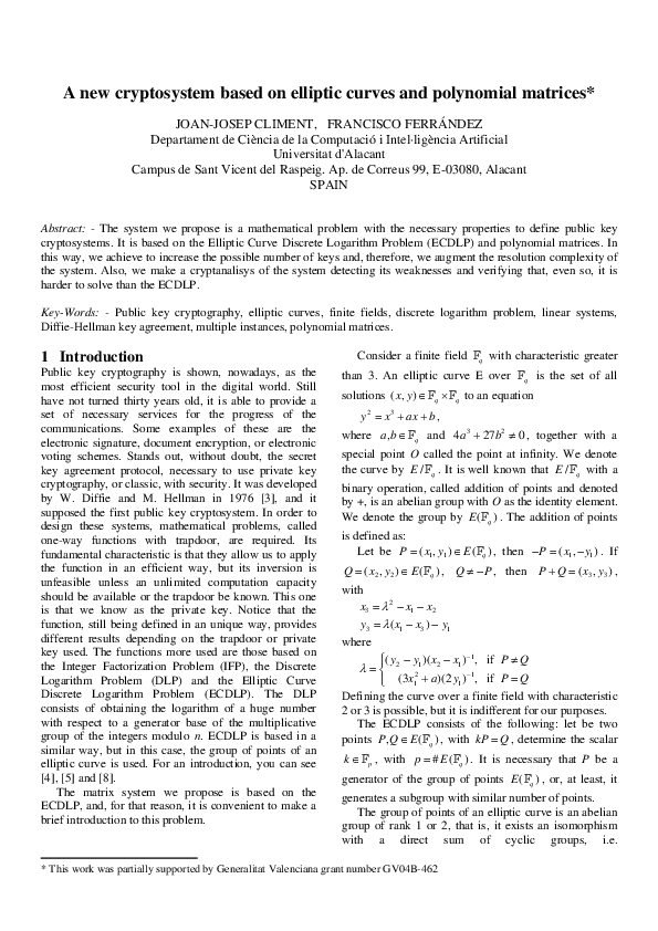 (PDF) A new cryptosystem based on elliptic curves and polynomial matrices