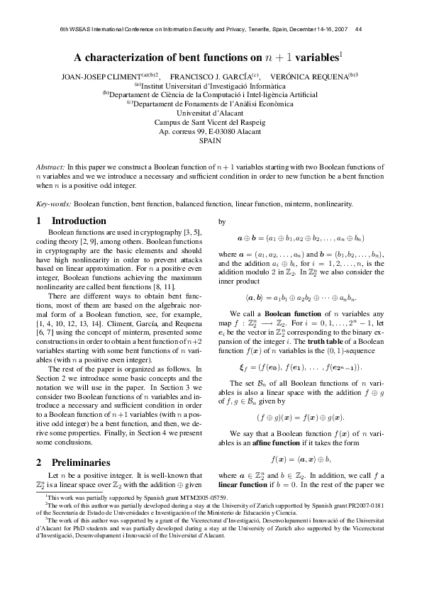 (PDF) A characterization of bent functions on n+ 1 variables