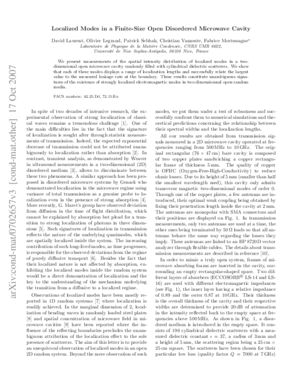 (PDF) Localized Modes in a Finite-Size Open Disordered Microwave Cavity