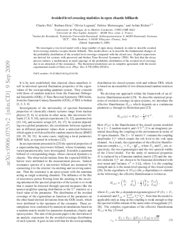 (PDF) Avoided-level-crossing statistics in open chaotic billiards