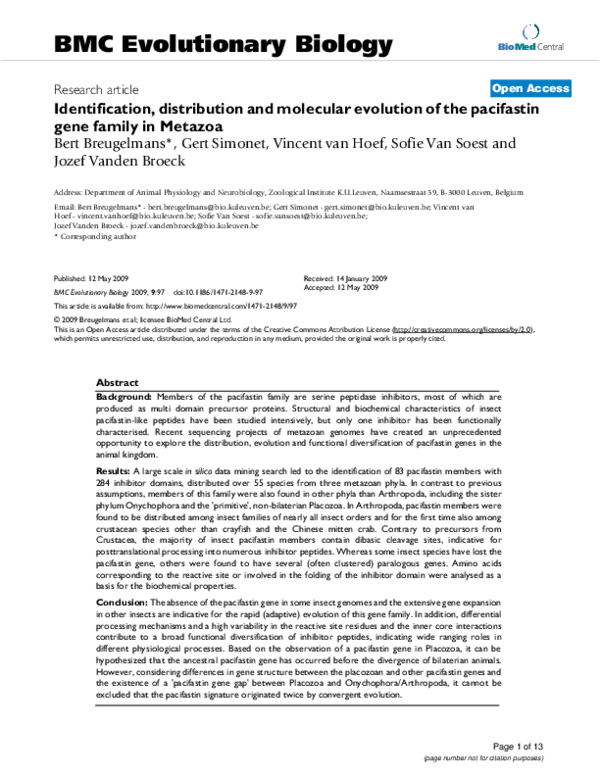 (PDF) Identification, distribution and molecular evolution of the pacifastin gene family in Metazoa
