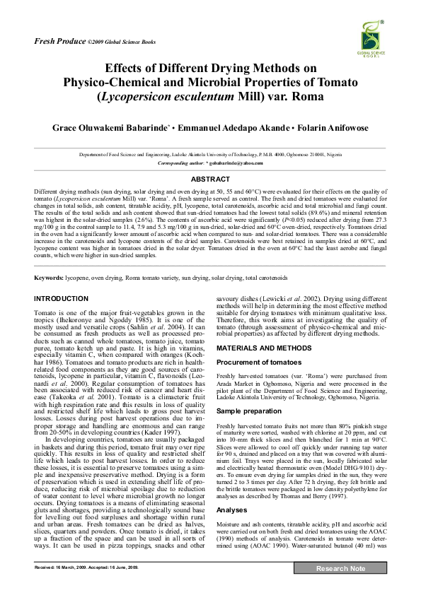(PDF) Effects of Different Drying Methods on Physico-Chemical and Microbial Properties of Tomato ...