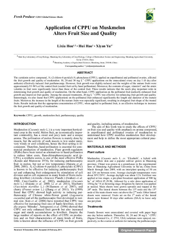 (PDF) Application of CPPU on Muskmelon Alters Fruit Size and Quality