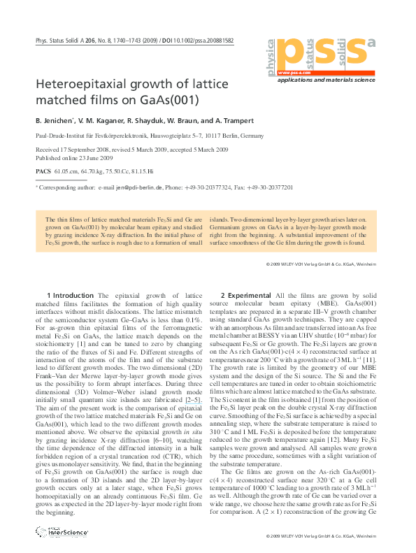 (PDF) Heteroepitaxial growth of lattice matched films on GaAs(001)