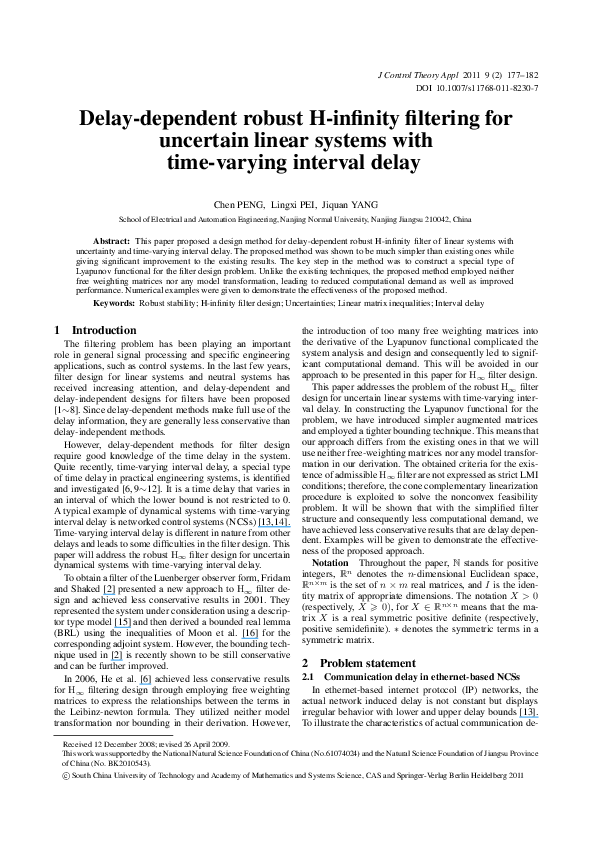 Pdf Delay Dependent Robust H Infinity Filtering For Uncertain Linear Systems With Time Varying