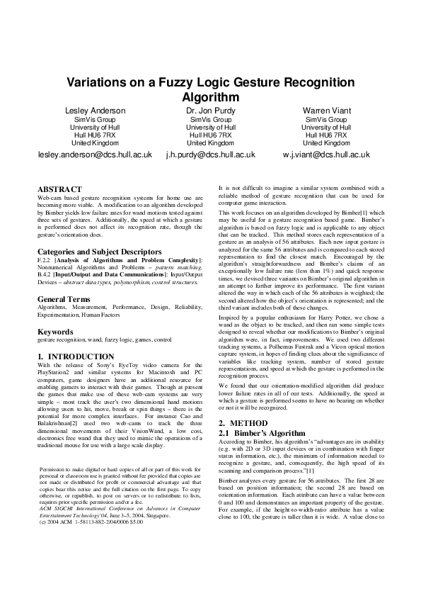 (PDF) Variations on a fuzzy logic gesture recognition algorithm