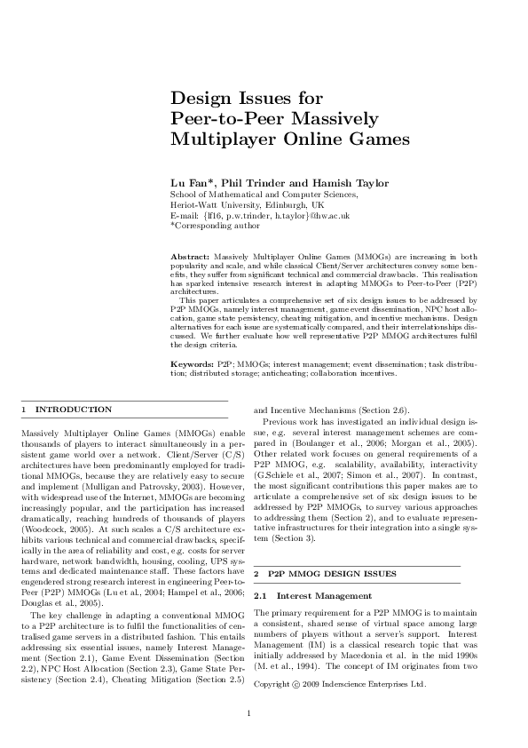 (PDF) Design issues for Peer-to-Peer Massively Multiplayer Online Games