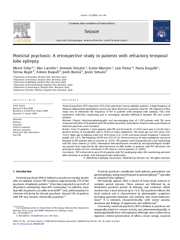 (PDF) Postictal psychosis: A retrospective study in patients with ...