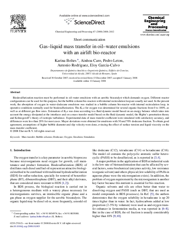 (PDF) Gas–liquid mass transfer in oil–water emulsions with an airlift ...