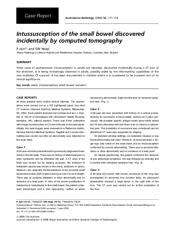 Intussusception of the small bowel discovered incidentally by computed ...