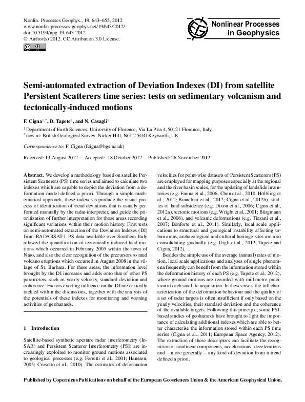 (PDF) Semi-automated extraction of Deviation Indexes (DI) from satellite Persistent Scatterers ...