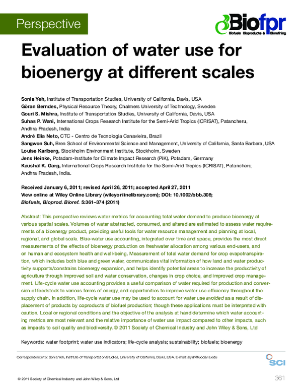 (PDF) Evaluation of water use for bioenergy at different scales
