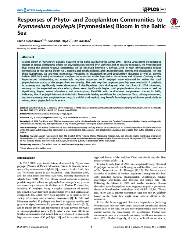 (PDF) Responses of Phyto- and Zooplankton Communities to Prymnesium ...