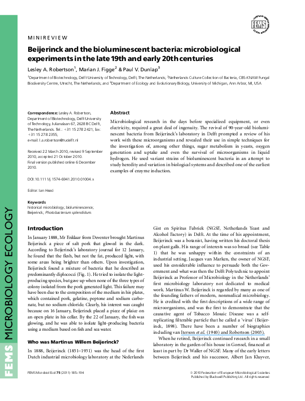 (PDF) Beijerinck and the bioluminescent bacteria: microbiological ...