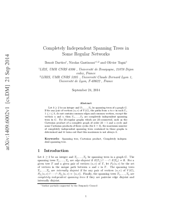 Pdf Completely Independent Spanning Trees In Some Regular Networks Benoît Darties