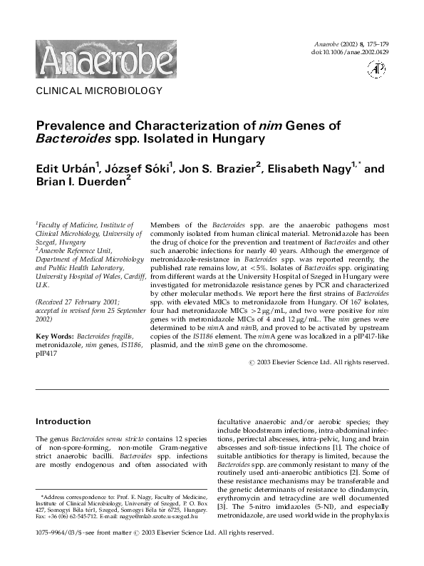 (PDF) Prevalence and Characterization of nim Genes of Bacteroides spp ...