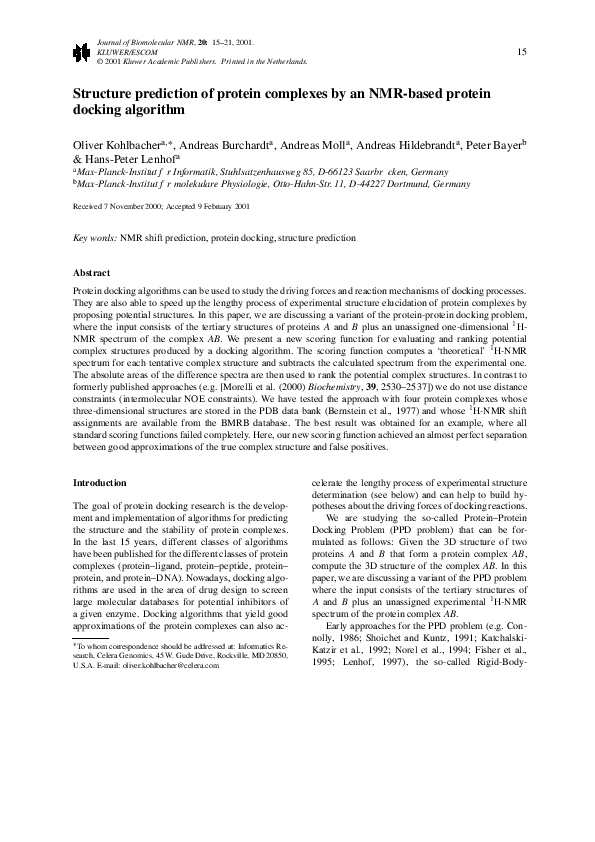 Pdf Structure Prediction Of Protein Complexes By An Nmr Based Protein Docking Algorithm