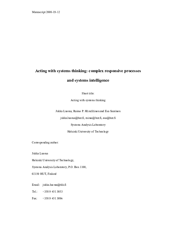 (PDF) Acting with systems thinking: complex responsive processes and systems intelligence