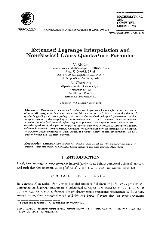 Pdf Extended Lagrange Interpolation And Nonclassical Gauss Quadrature