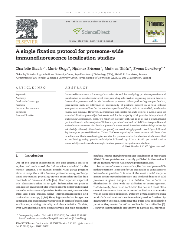 (PDF) A single fixation protocol for proteome-wide immunofluorescence ...