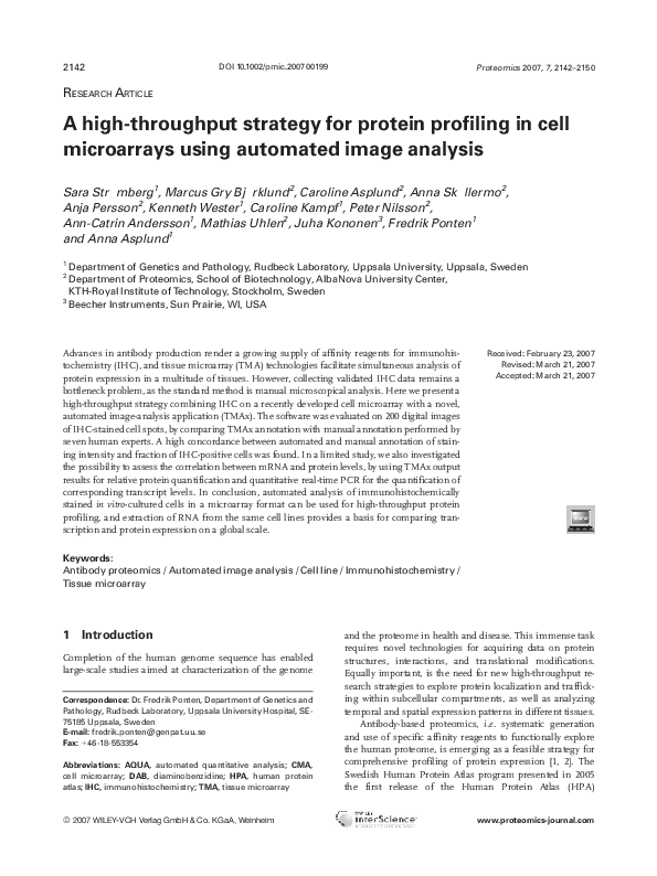 (PDF) A high‐throughput strategy for protein profiling in cell microarrays using automated image ...