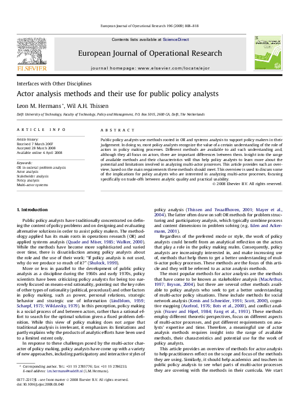 (PDF) Actor analysis methods and their use for public policy analysts