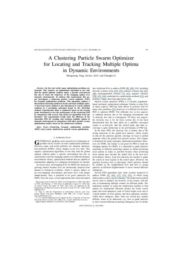 Pdf A Clustering Particle Swarm Optimizer For Locating And Tracking Multiple Optima In Dynamic