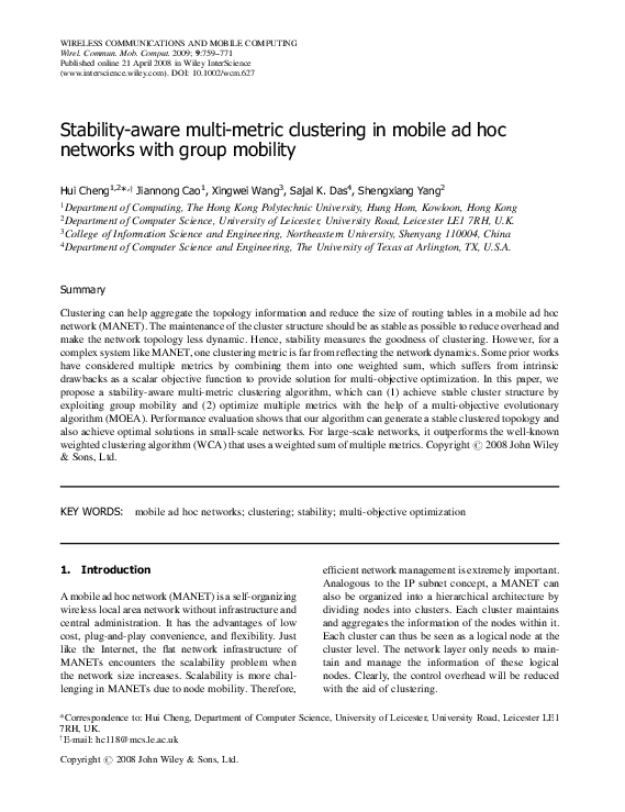 (PDF) Stability-aware multi-metric clustering in mobile ad hoc networks with group mobility