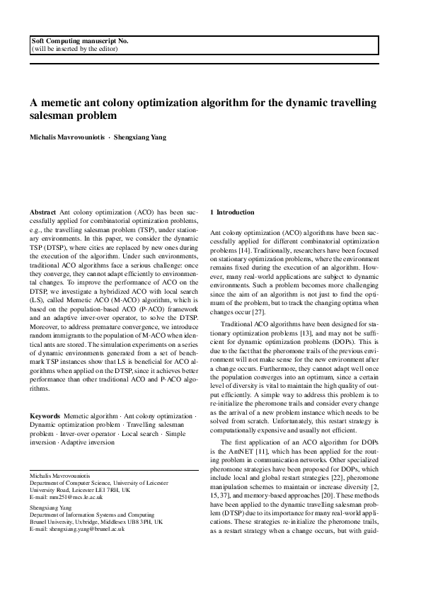 (PDF) A memetic ant colony optimization algorithm for the dynamic travelling salesman problem