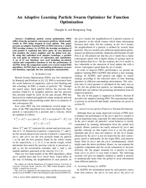 Pdf Adaptive Learning Pso For Function Optimization