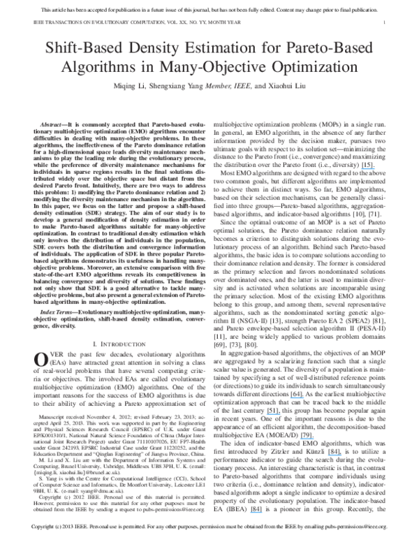 Pdf Shift Based Density Estimation For Pareto Based Algorithms In Many Objective Optimization 