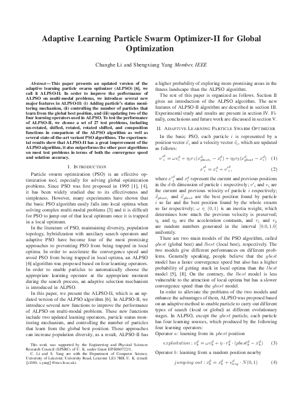 Pdf Adaptive Learning Particle Swarm Optimizer Ii For Global Optimization
