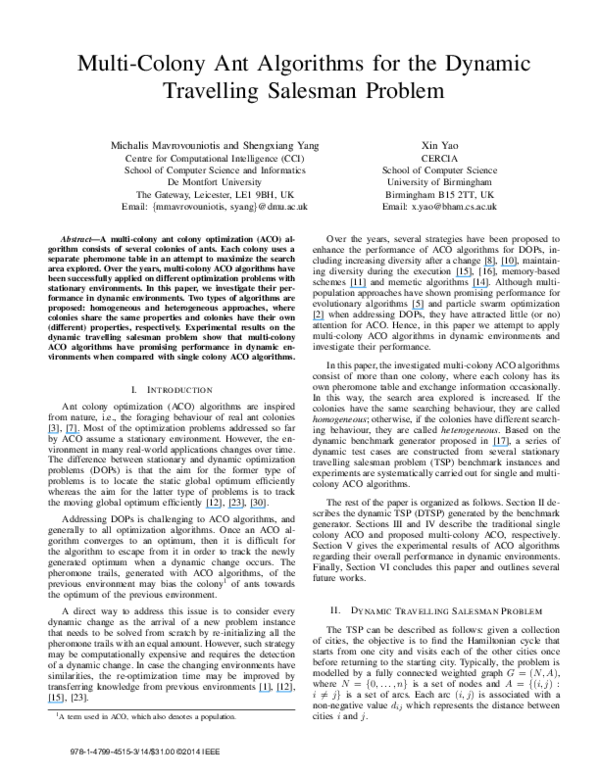 (PDF) Multi-colony ant algorithms for the dynamic travelling salesman problem