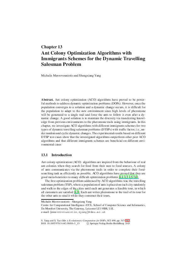 Pdf Ant Colony Optimization Algorithms With Immigrants Schemes For The Dynamic Travelling