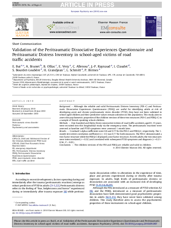 (PDF) Validation of the Peritraumatic Dissociative Experiences ...