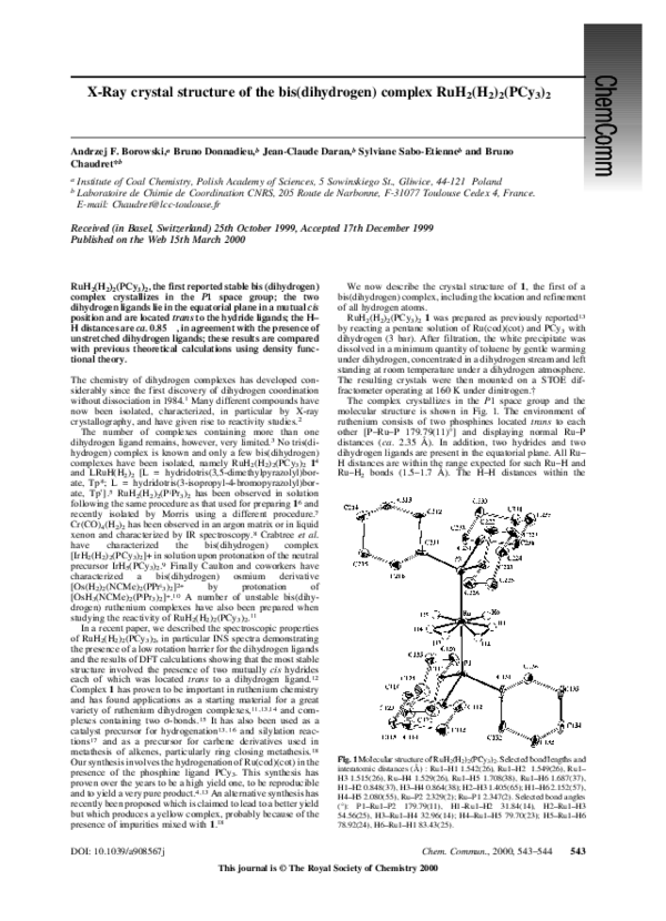 (PDF) X-Ray crystal structure of the bis(dihydrogen) complex RuH2(H2)2 ...