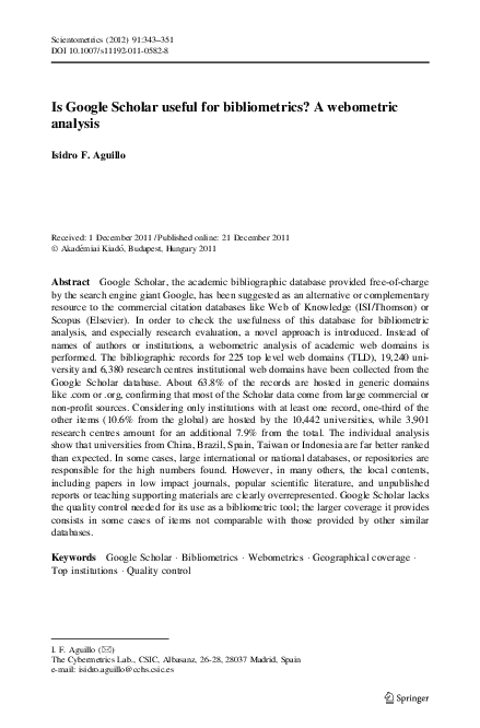 (PDF) Is Google Scholar useful for bibliometrics? A webometric analysis