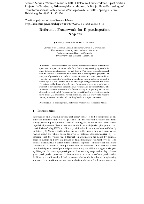 (PDF) Reference Framework for E-participation Projects